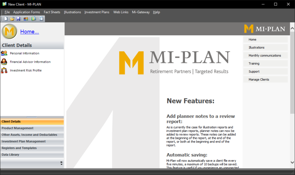 The features of the Mi-Plan Windows Application | MiPlan